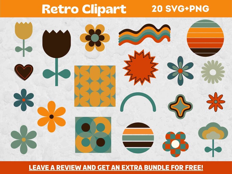 Mid Century Retro Clipart Bundle, Groovy Flower SVG, 70s Boho Shapes ...