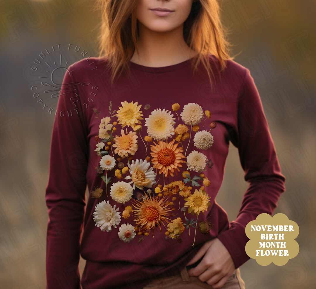 November Birth Flower Shirt, Fall Pressed Flower Long Sleeve Tee, Birth ...