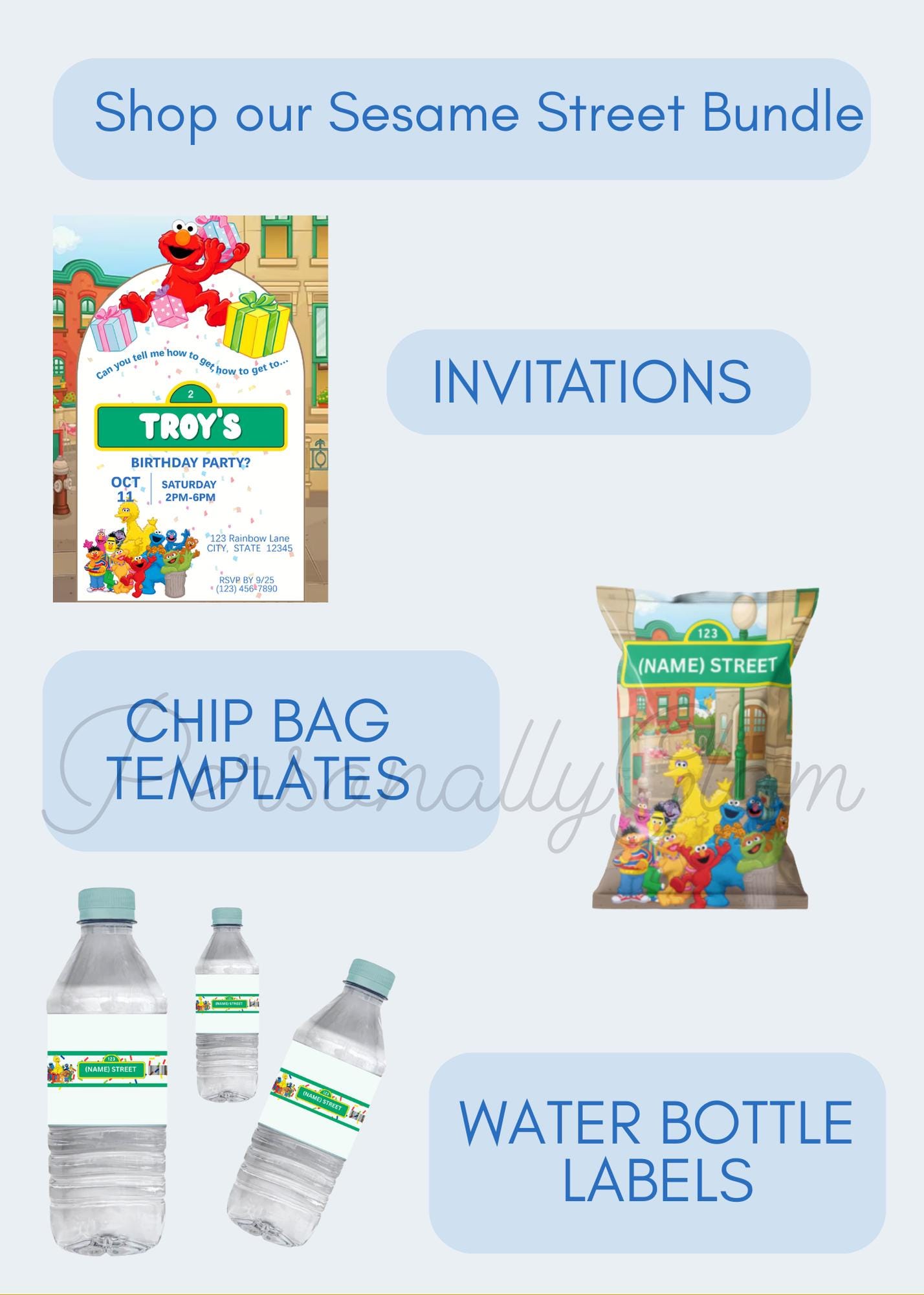EDITABLE Sesame Street Party Bundle – Invitation, Chip Bag & Water ...