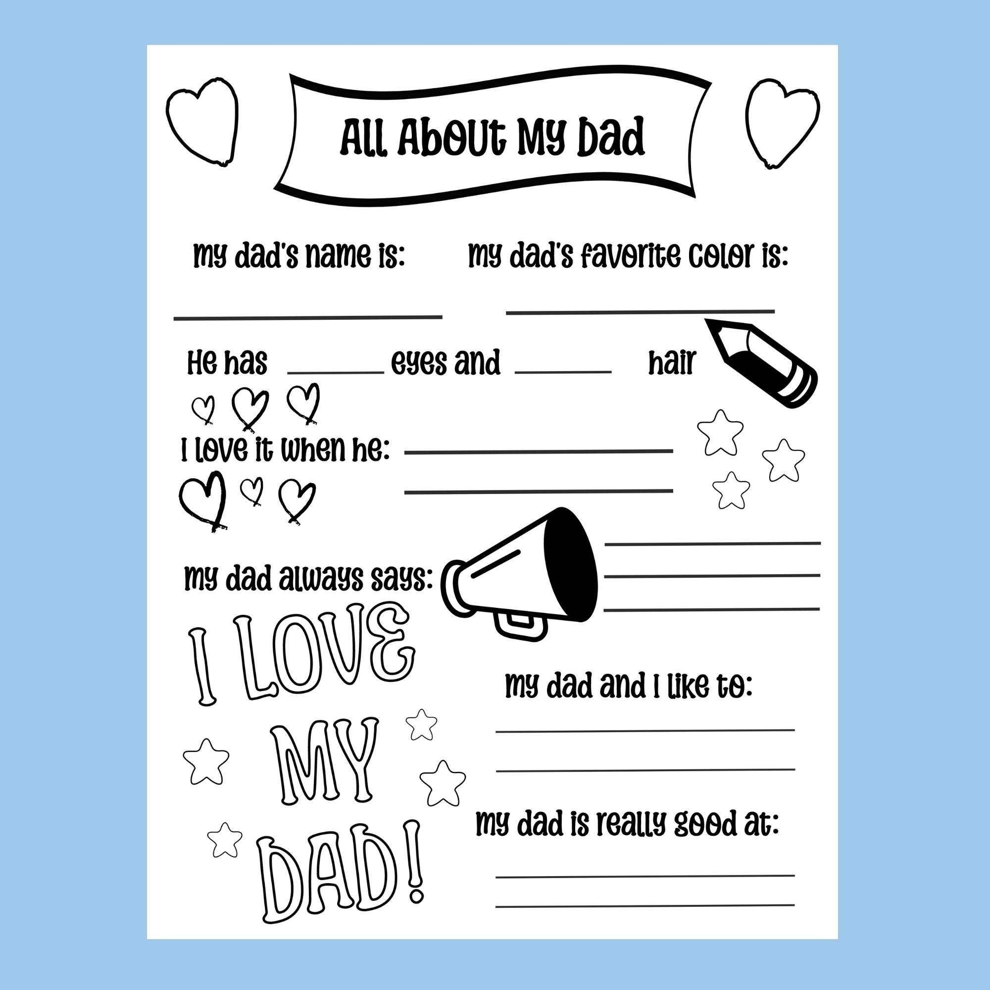 All About My Dad Fill in the Blank Printable for Father's Day ...