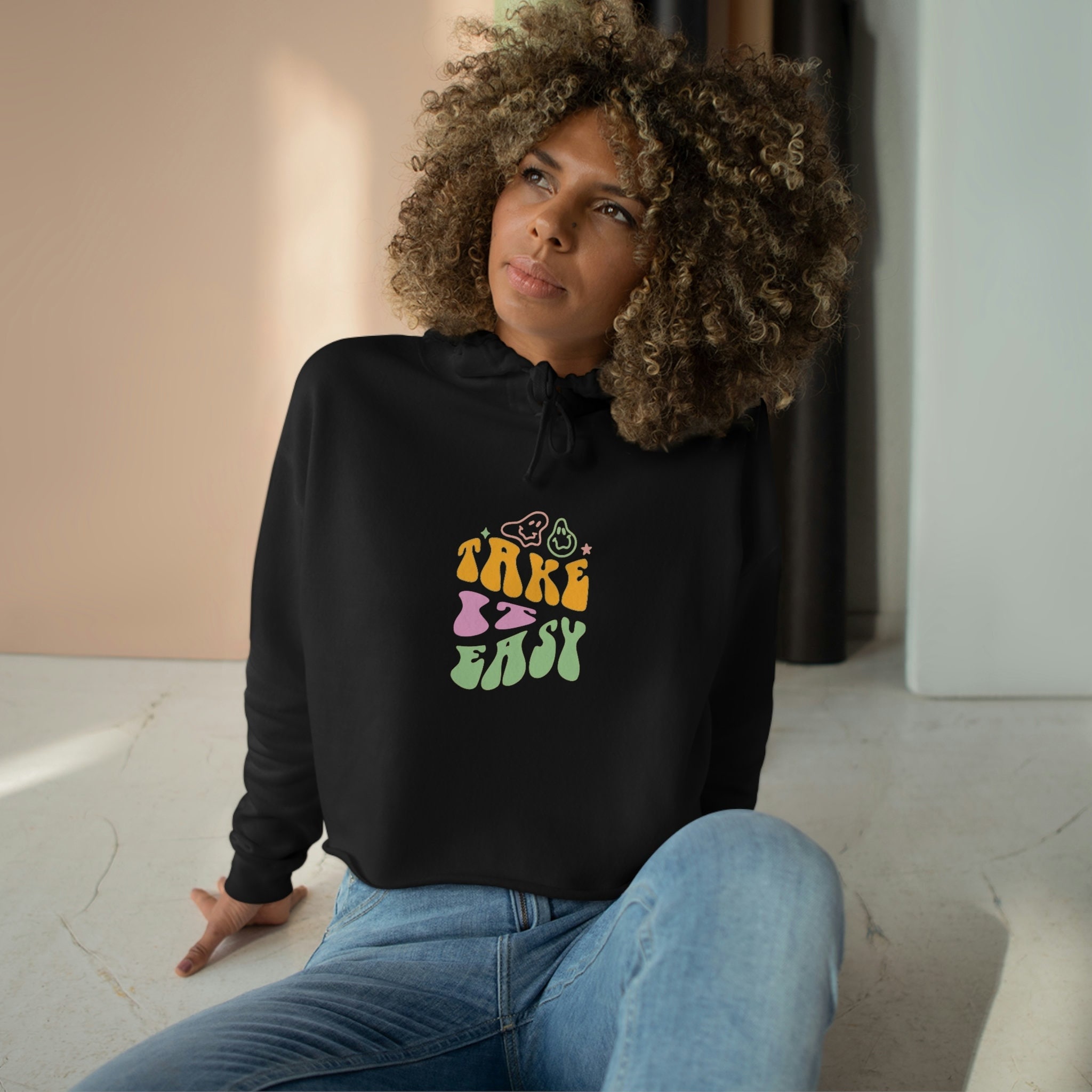 Take It Easy Crop Hoodie, Hippie Crop Top, Smile Face, Groovy Hoodie ...