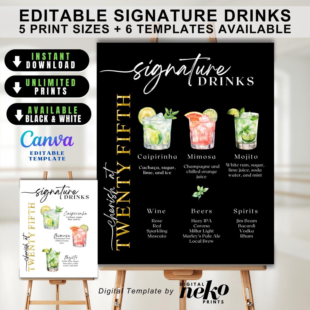Editable Drinks List: Gold Bar Menu Template, Modern Editable Drink ...