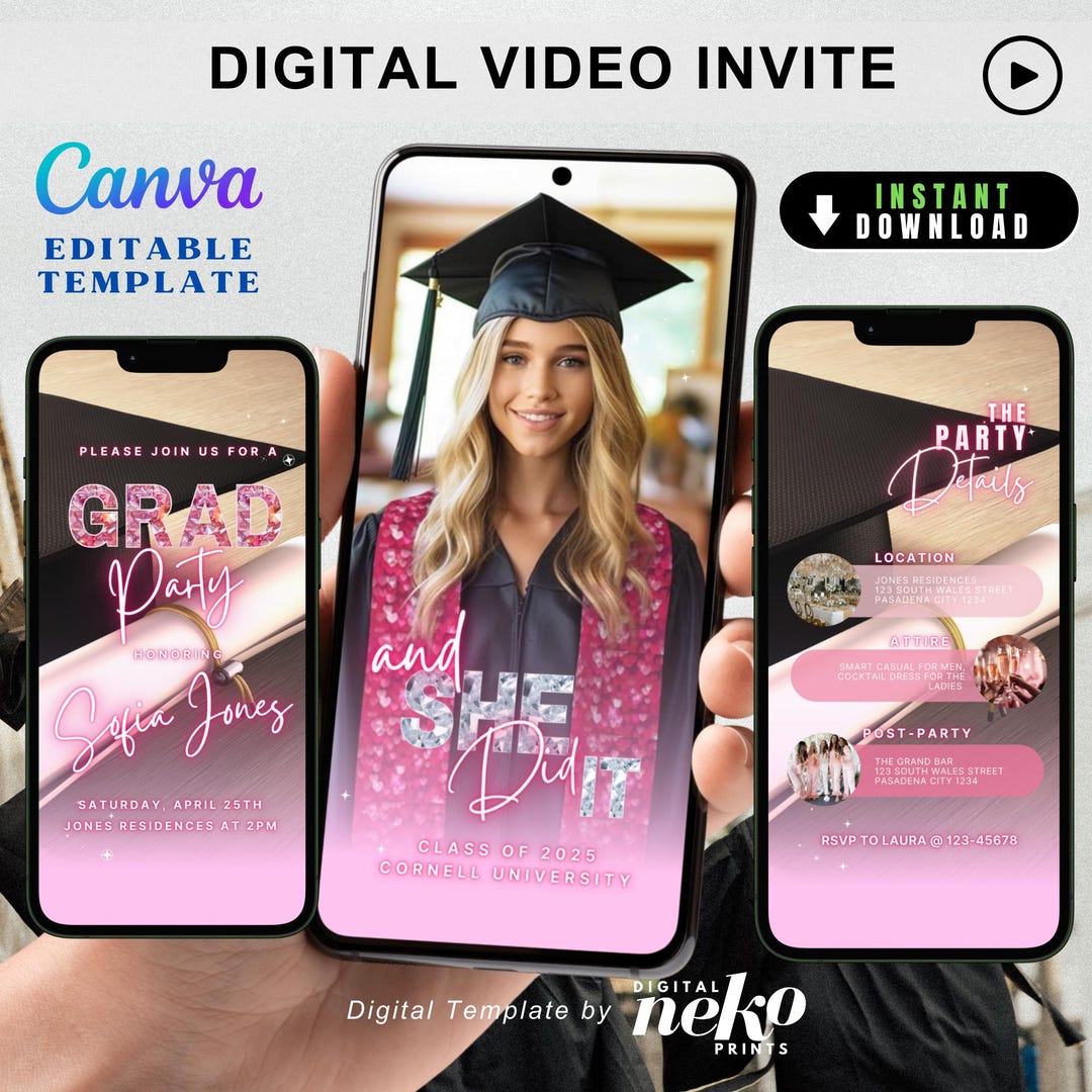 Blush Pink Grad 2025 Invite, Modern Elegant Video Animated Party Grad ...