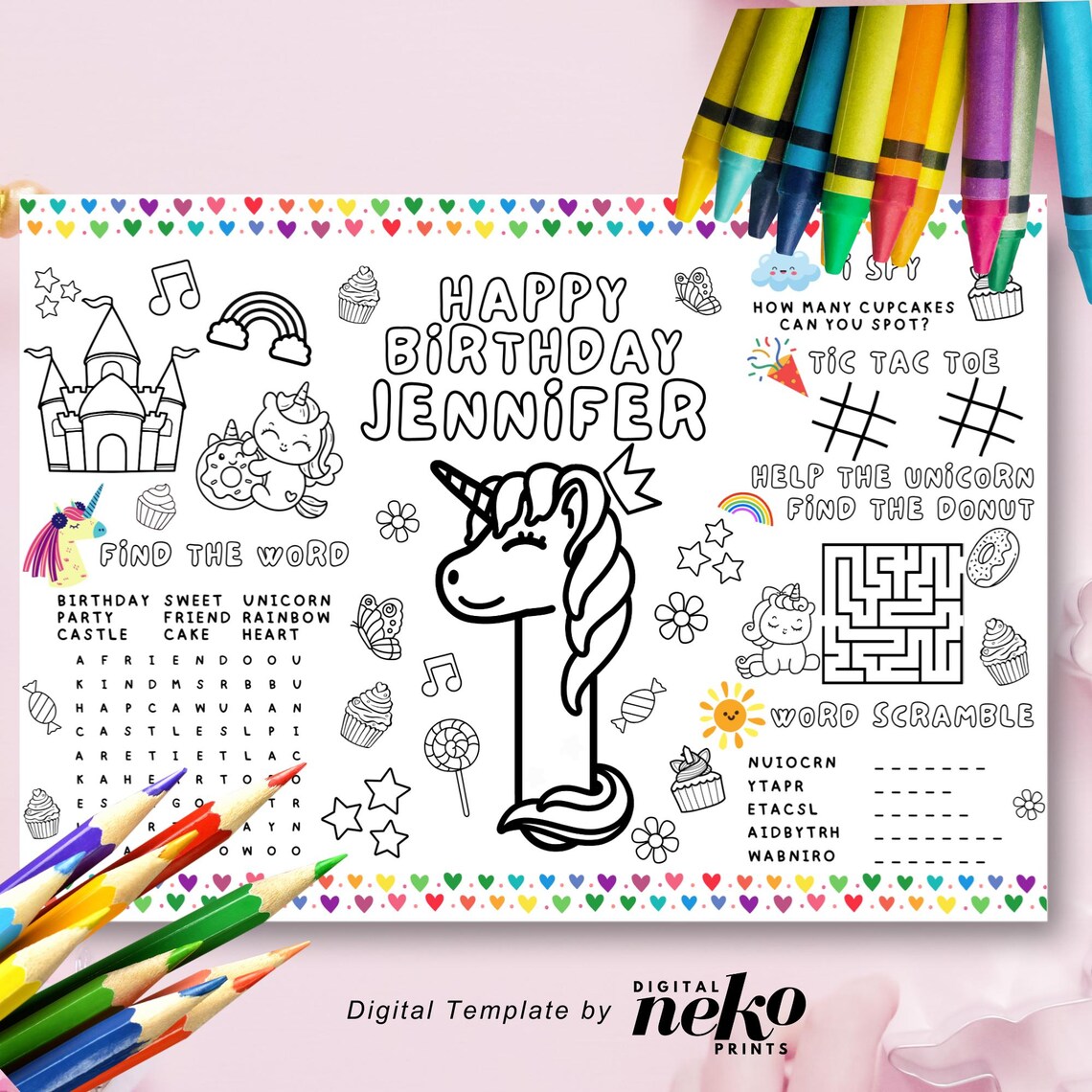 Birthday Unicorn Color Sheet Coloring Placemat for Kids, Modern ...