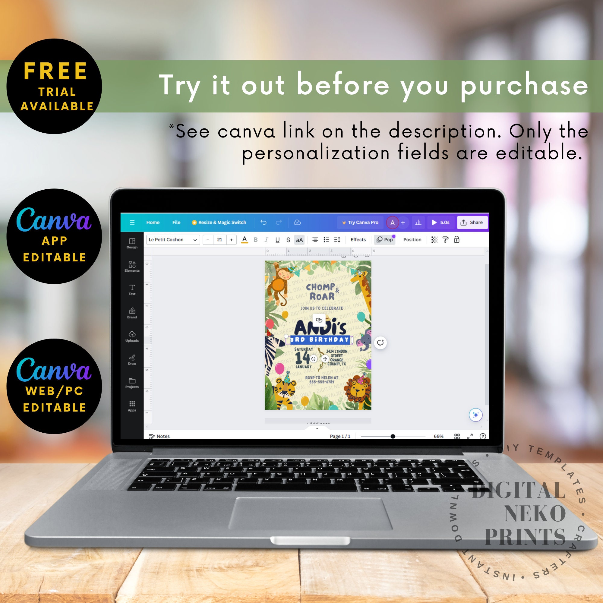 Jungle Backdrop, Editable Canva Template, Personalized Safari ...