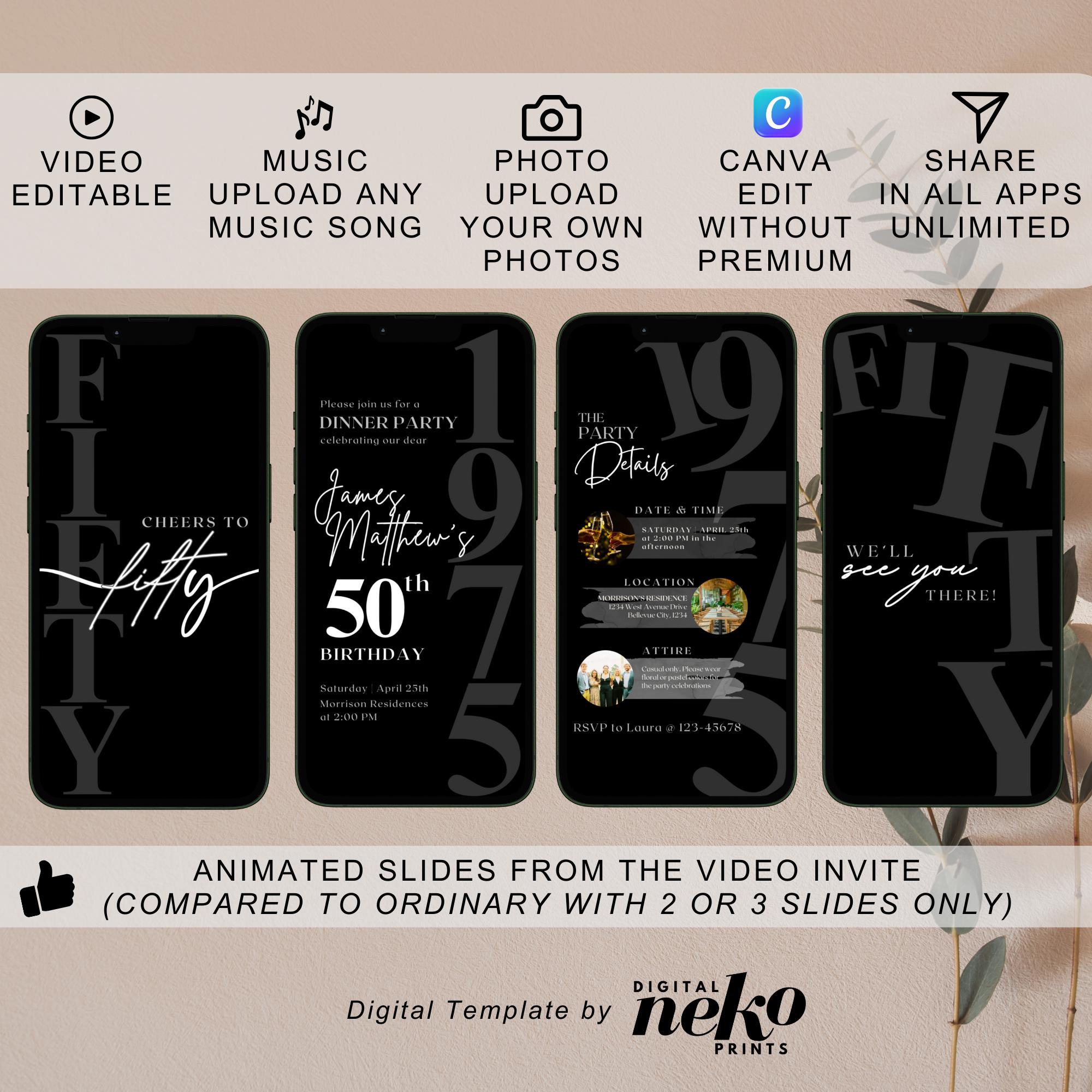 Modern 50th Invite for Men: Minimalist for Him Black Birthday ...