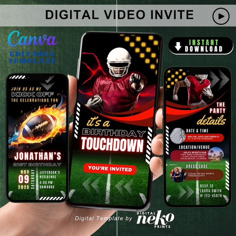 Digital Birthday Invitation Football Red Animated Video It's Game Time ...