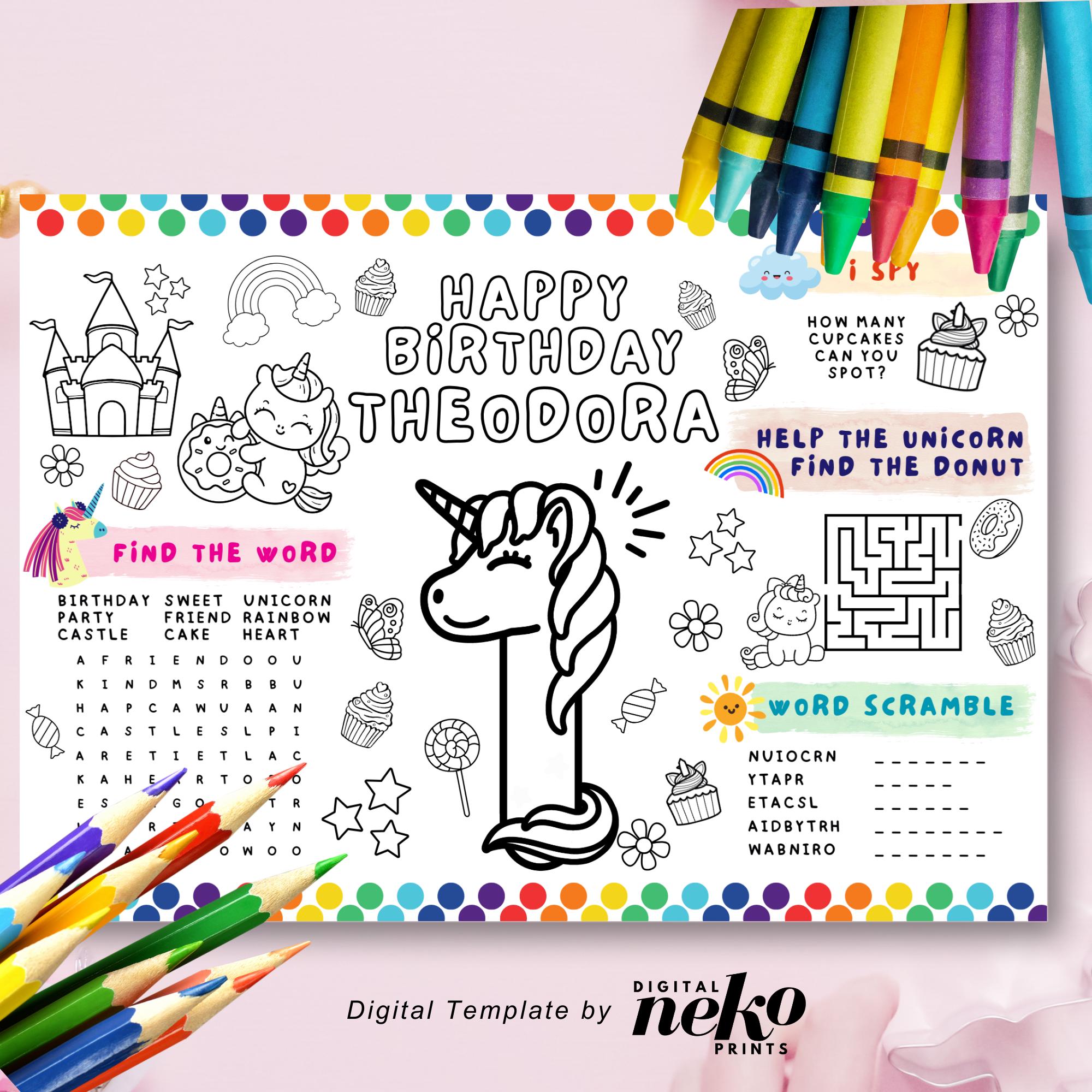 Printable Unicorn Party Coloring Placemat, Girl Birthday Party Placemat ...