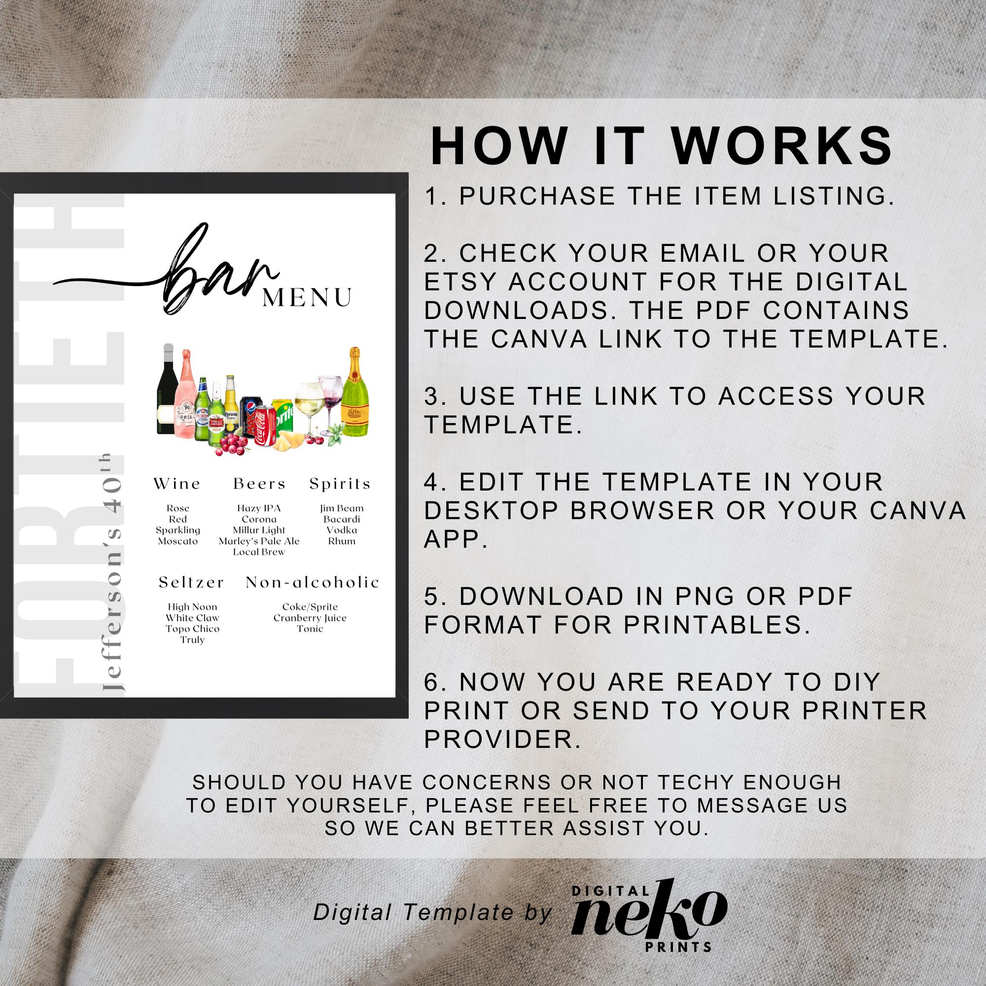 Editable Black Drinks Menu: Classic 40th Birthday Modern Bar Menu ...