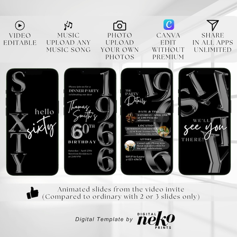 Digital 60th Birthday Invite: Modern Animated Video Invitation for Men ...
