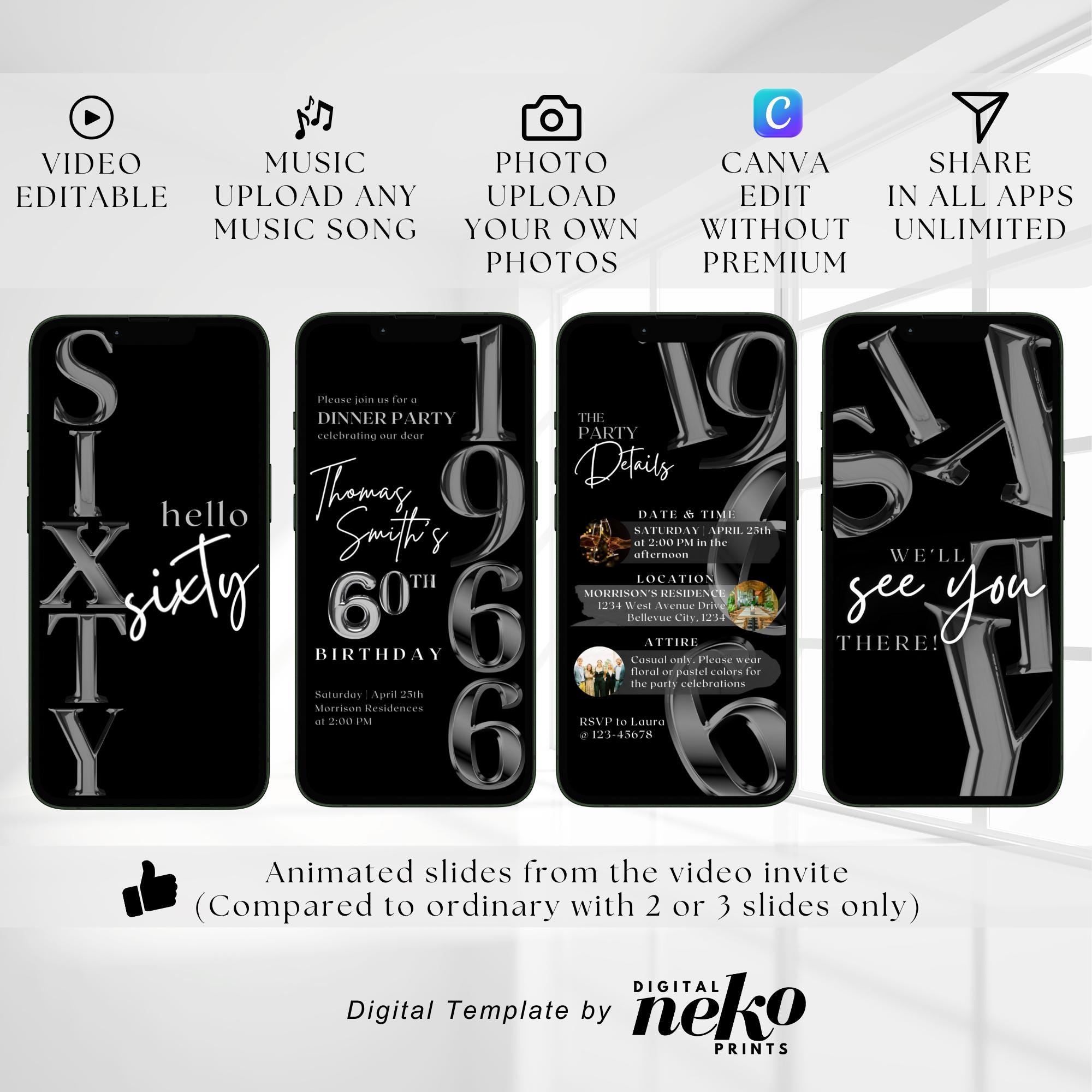 Digital 60th Birthday Invite: Modern Animated Video Invitation for Men ...