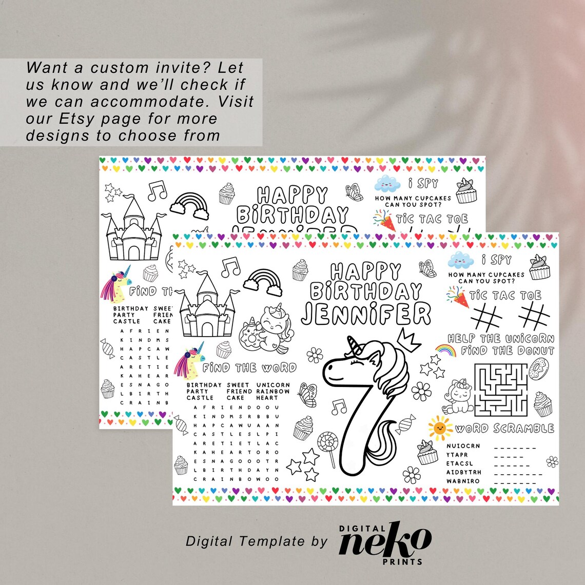 Birthday Unicorn Color Sheet Coloring Placemat for Kids, Modern ...