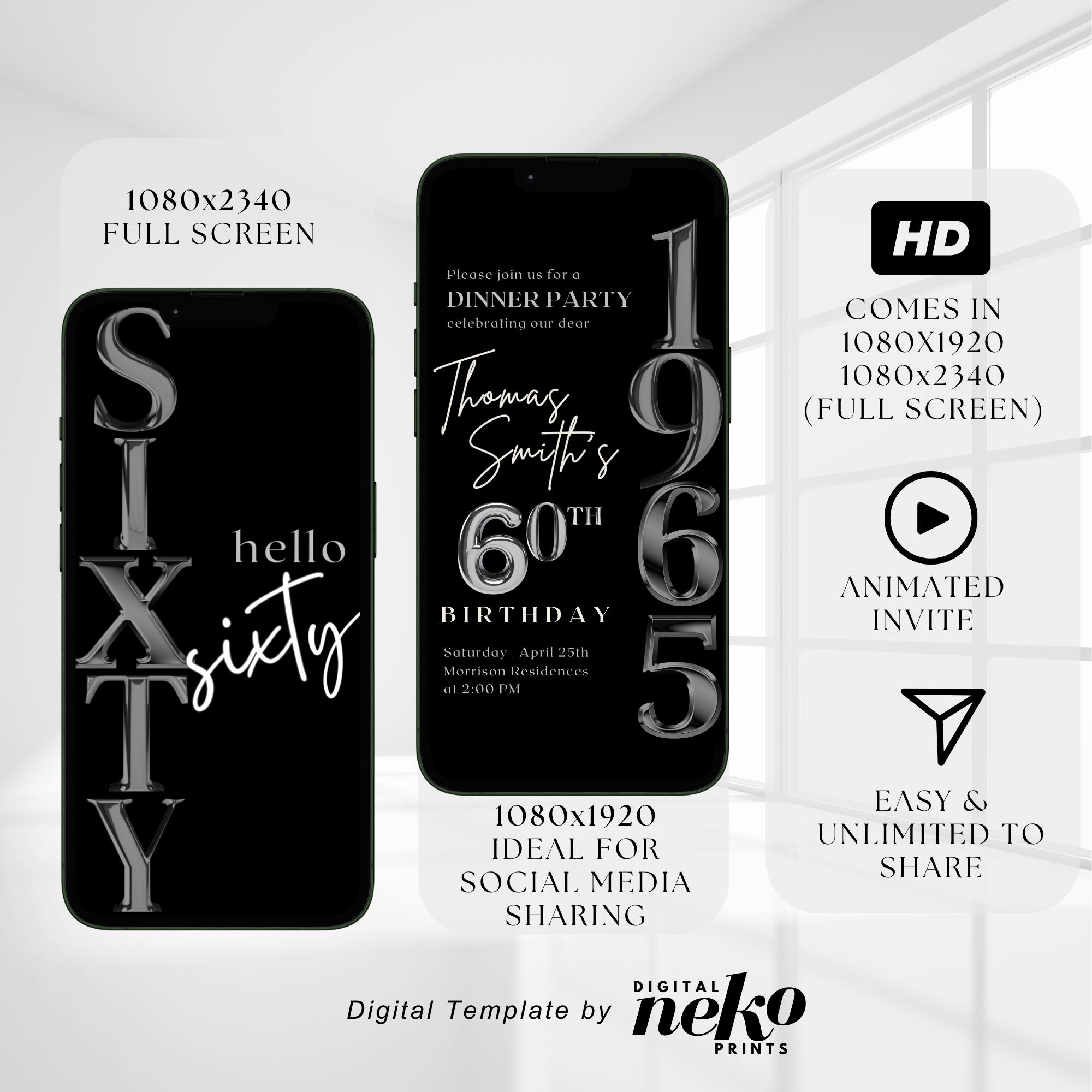 Digital 60th Birthday Invite: Modern Animated Video Invitation for Men ...
