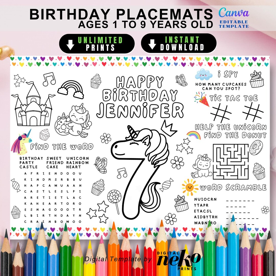 Birthday Unicorn Color Sheet Coloring Placemat for Kids, Modern ...