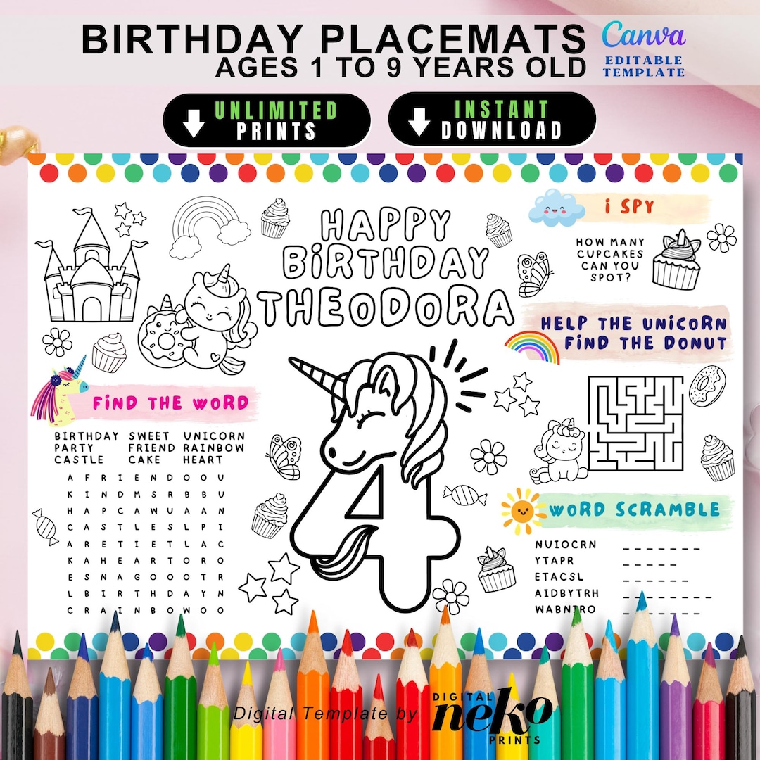 Printable Unicorn Party Coloring Placemat, Girl Birthday Party Placemat ...