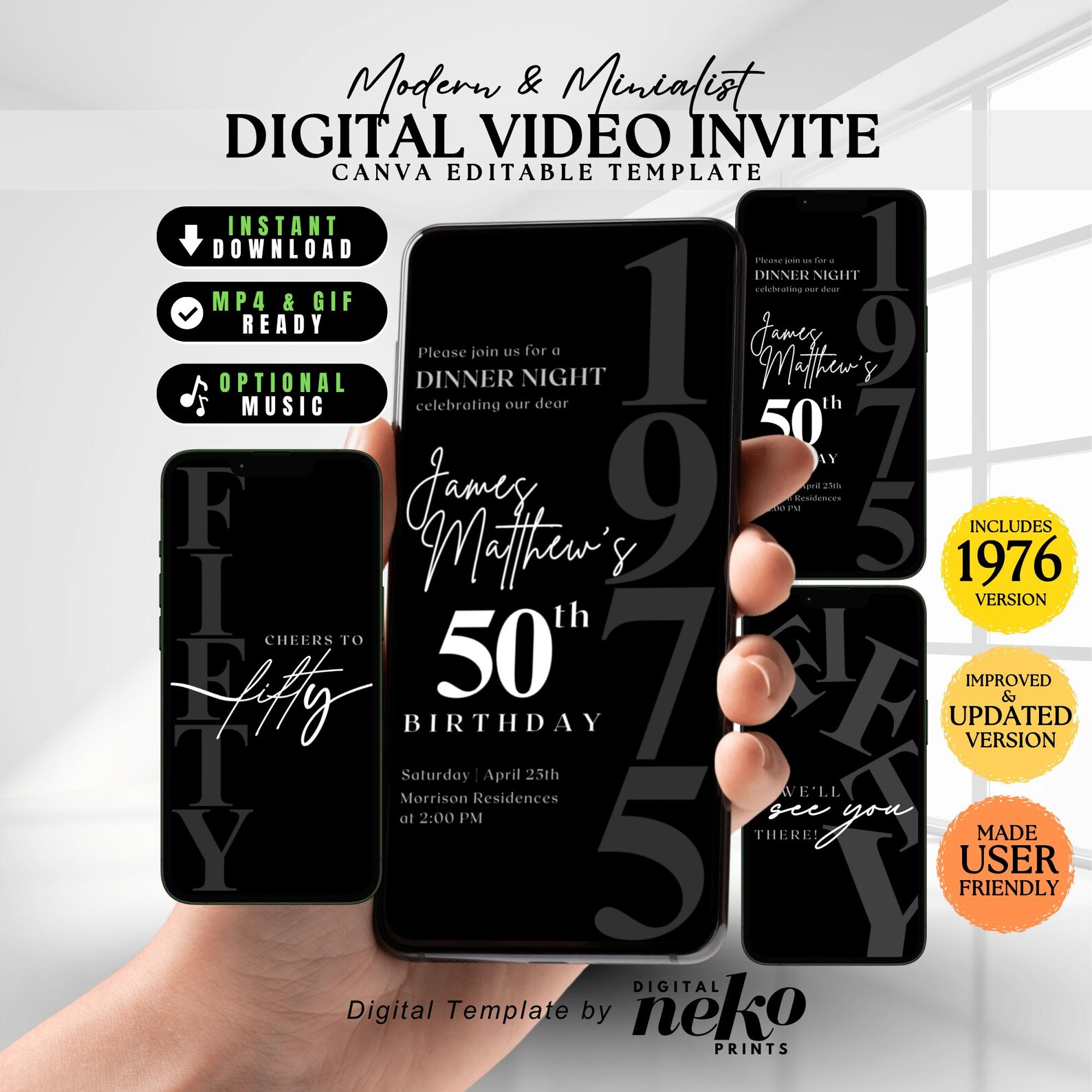 Modern 50th Invite for Men: Minimalist for Him Black Birthday ...
