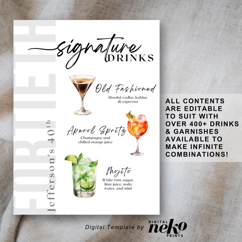 Editable Black Drinks Menu: Classic 40th Birthday Modern Bar Menu ...