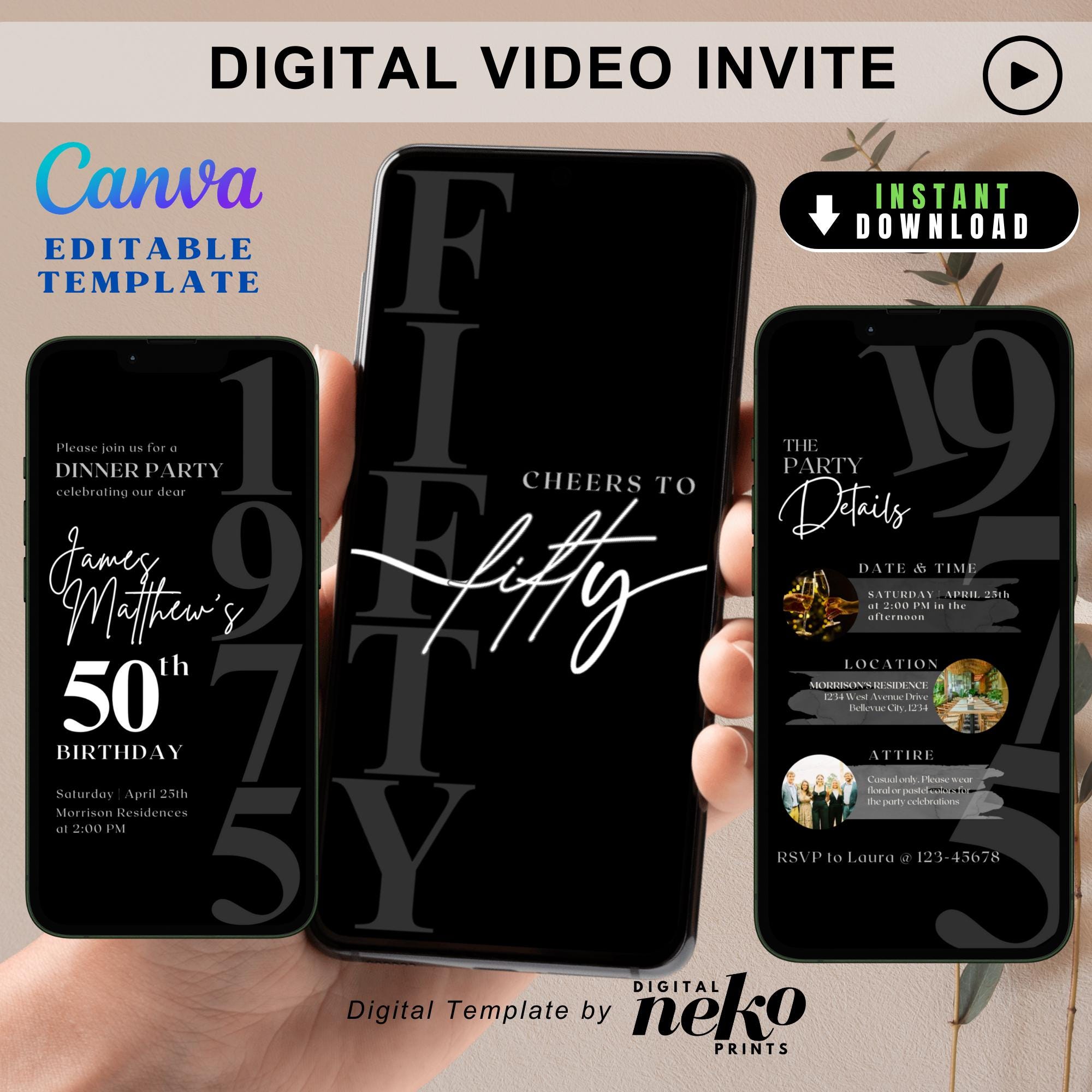 Modern 50th Invite for Men: Minimalist for Him Black Birthday ...