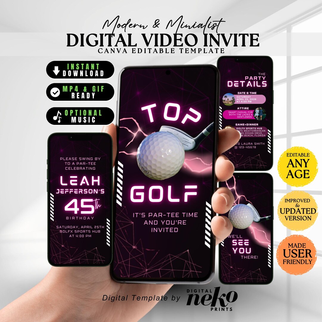 Digital Girls Top Golf Birthday Invitation, Editable Pink Golf Party ...