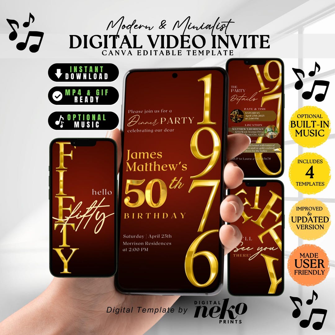 50th Red Gold Girl Invite: Modern Editable 50th Birthday Evite for Men ...