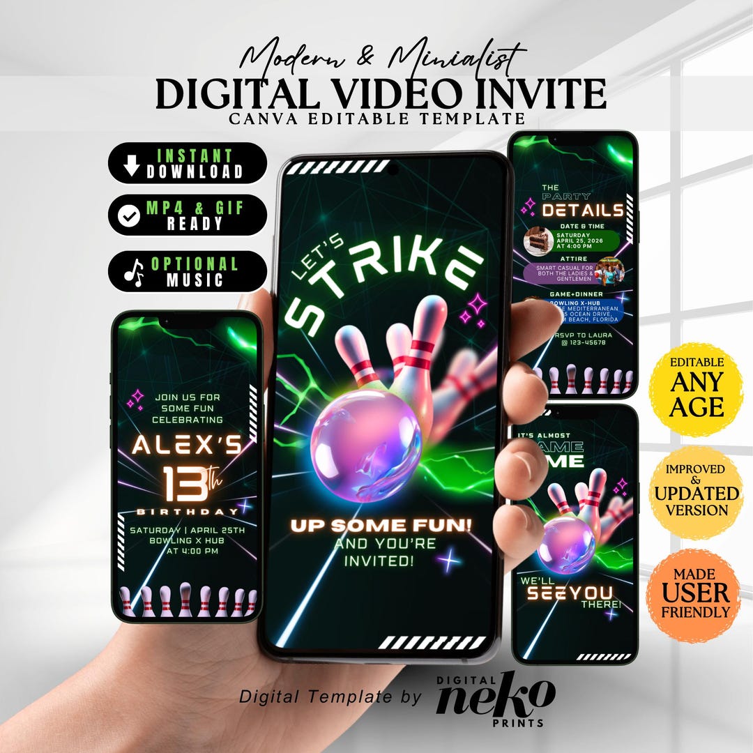 Bowling Party Invite: Neon Strike up Some Fun Glow Digital Invite ...