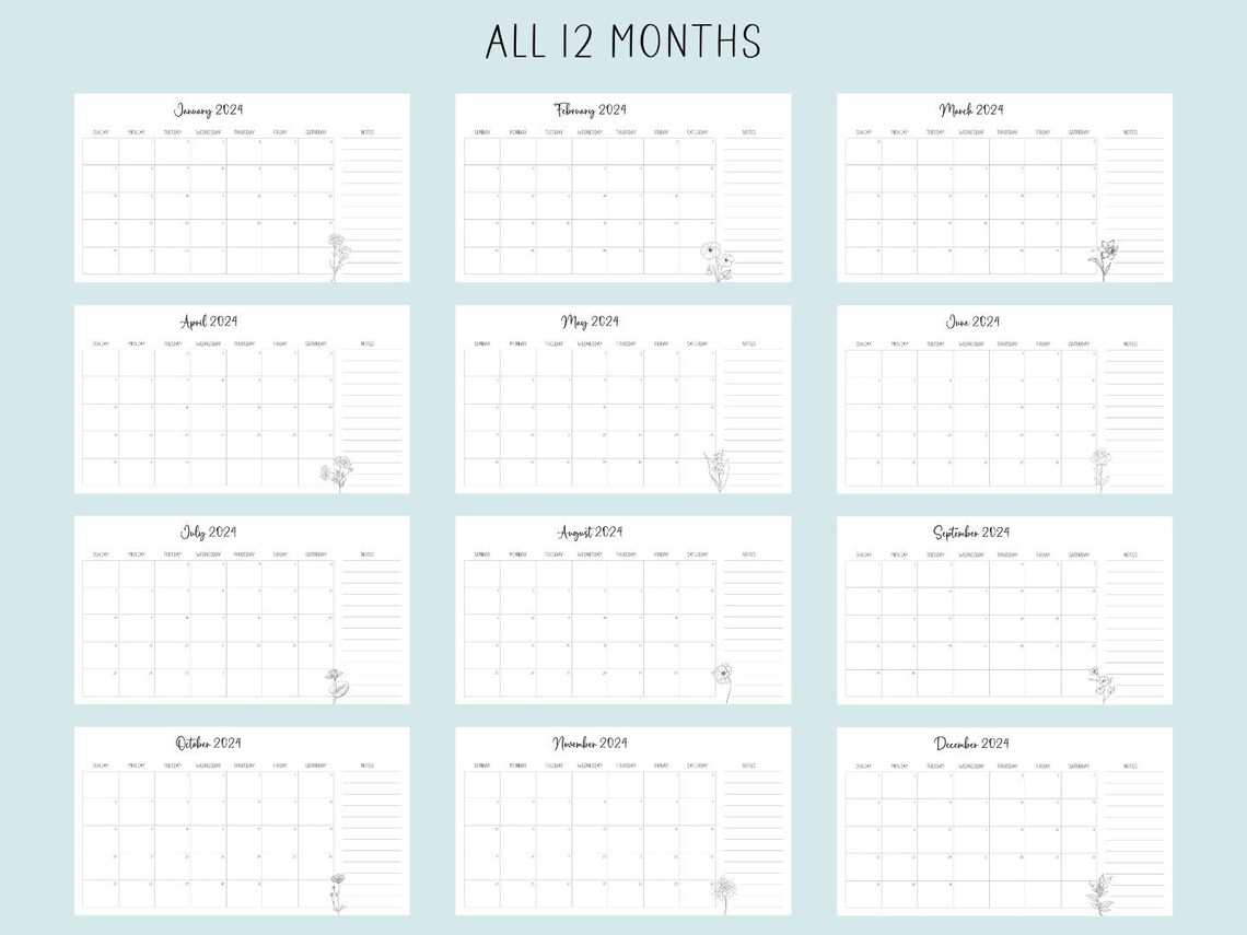 Printable Monthly Calendar 2024 Digital Download PDF and PNG - Etsy
