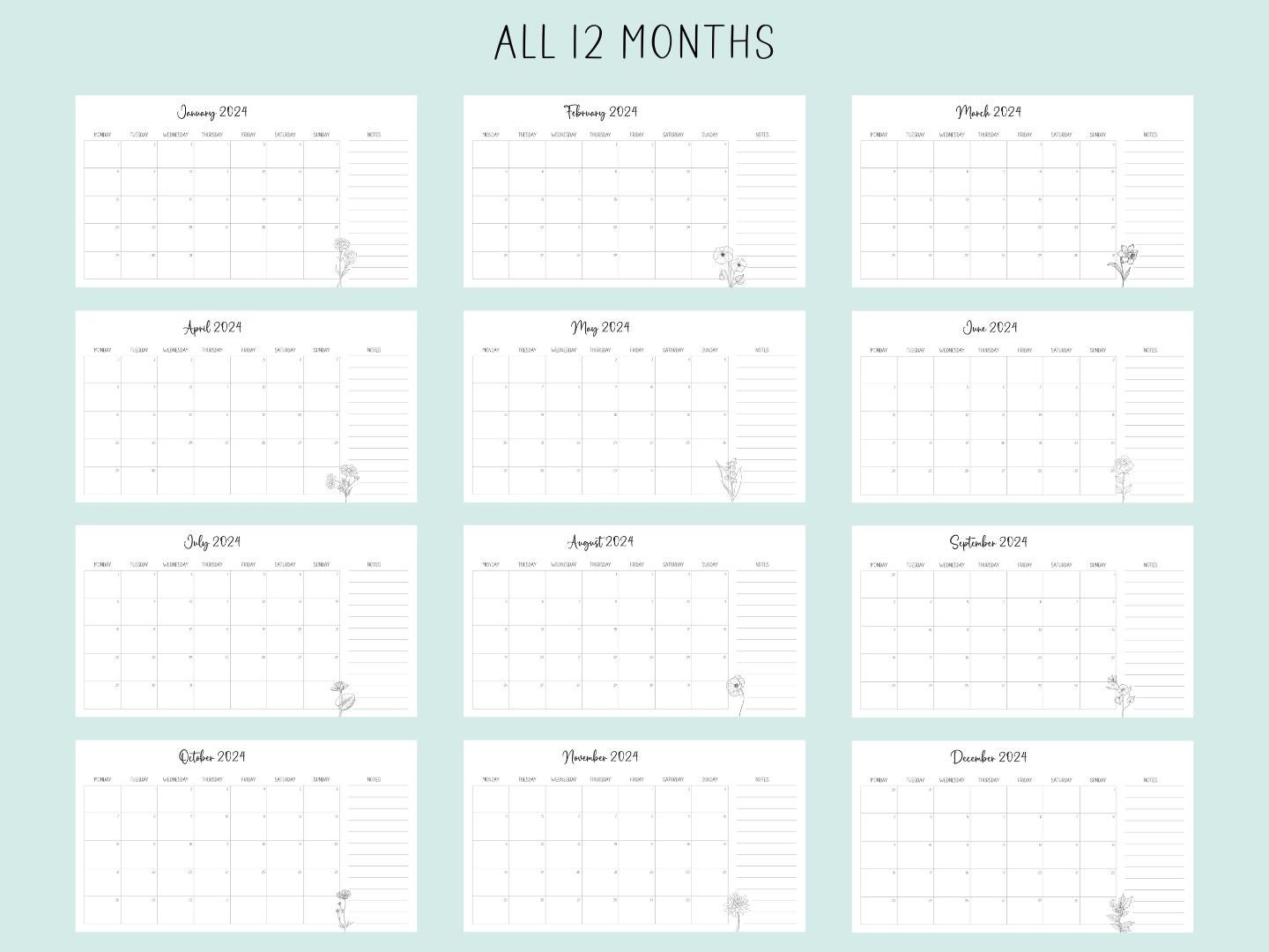 Printable Monthly Calendar 2024 Digital Download PDF and PNG Files ...