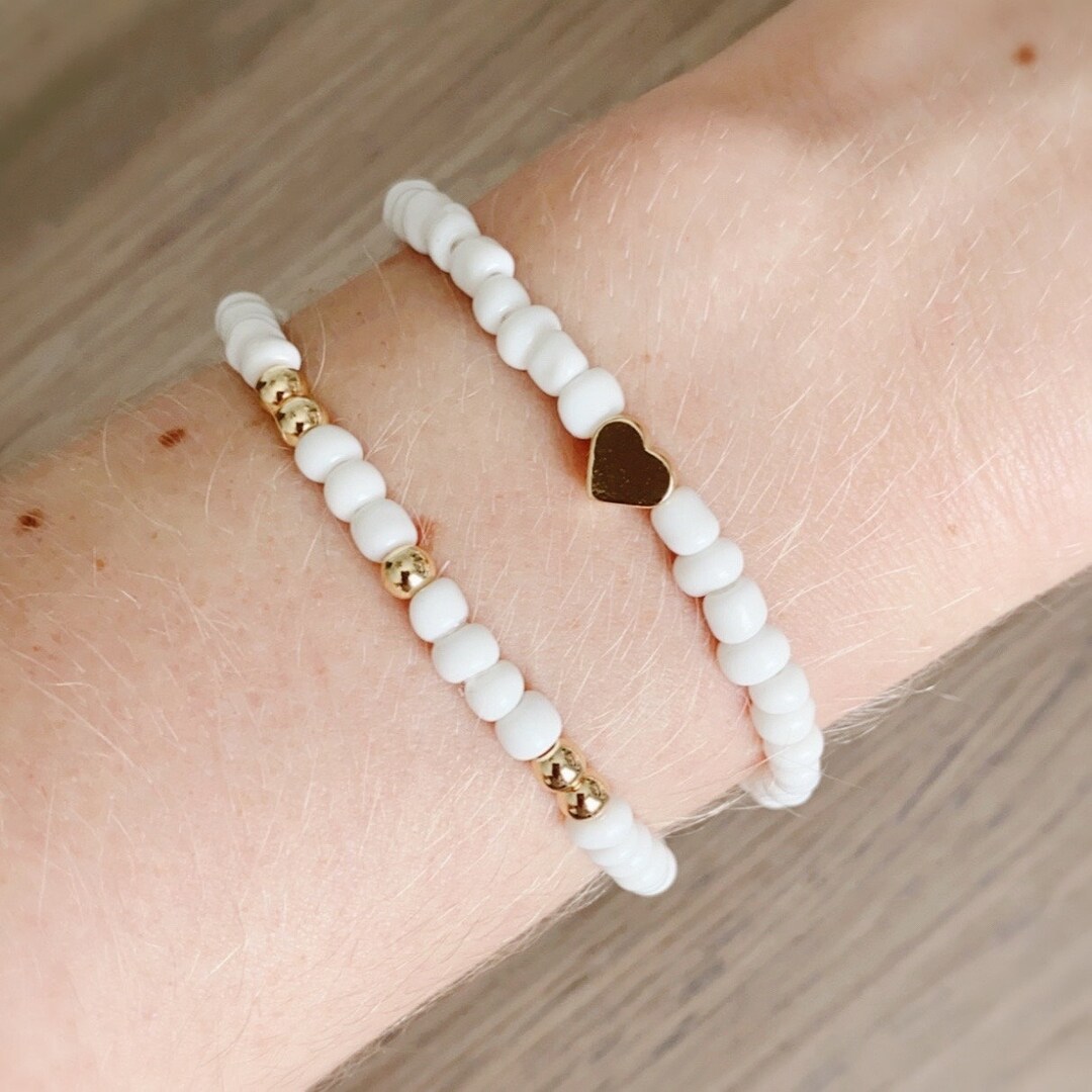 Heart Bead Bracelet, Stacking Bracelets, White Bead Bracelet, Beach ...