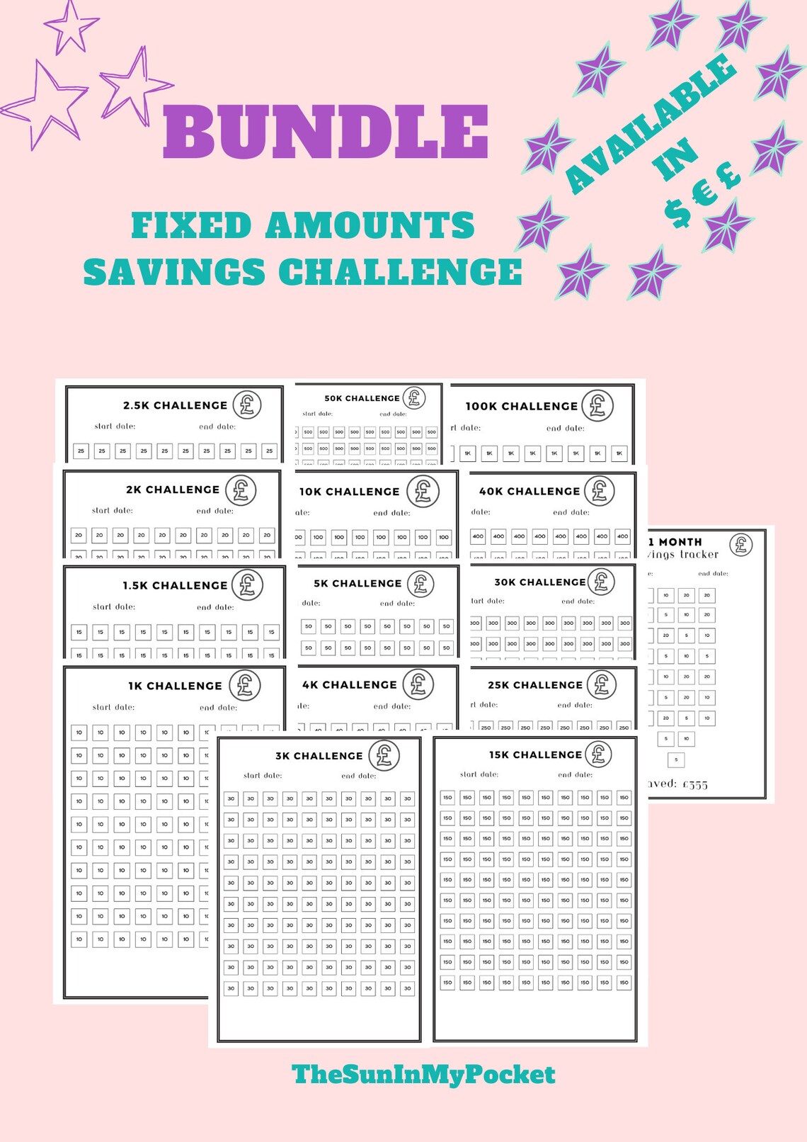 Fixed Amounts Savings Tracker Bundle, 19 Cards, Printable, A6, Money ...