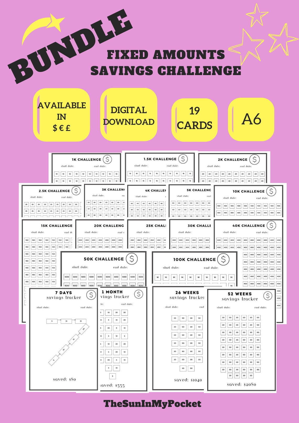 Fixed Amounts Savings Tracker Bundle, 19 Cards, Printable, A6, Money ...