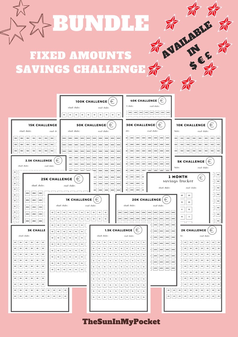 Fixed Amounts Savings Tracker Bundle, 19 Cards, Printable, A6, Money ...
