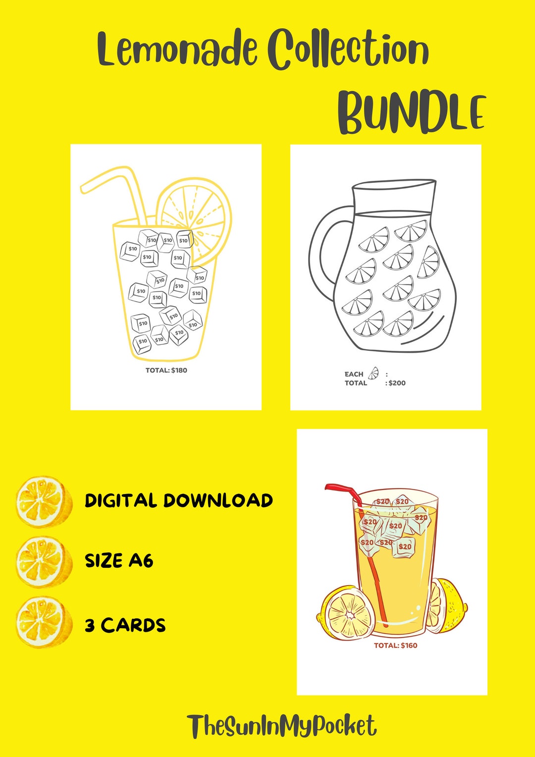 Lemonade Design, Lemonade Bundle, 3 Cards, Saving Tracker Bundle, Printable, A6, Money Saving ...