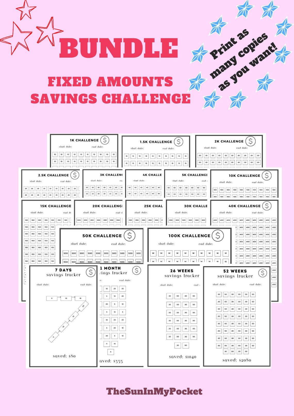 Fixed Amounts Savings Tracker Bundle, 19 Cards, Printable, A6, Money ...