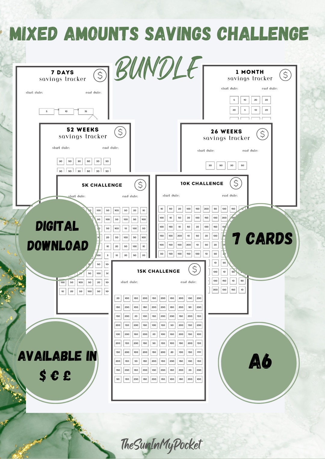 7 Cards, Mixed Amounts Saving Tracker Bundle, Printable, A6, Money ...
