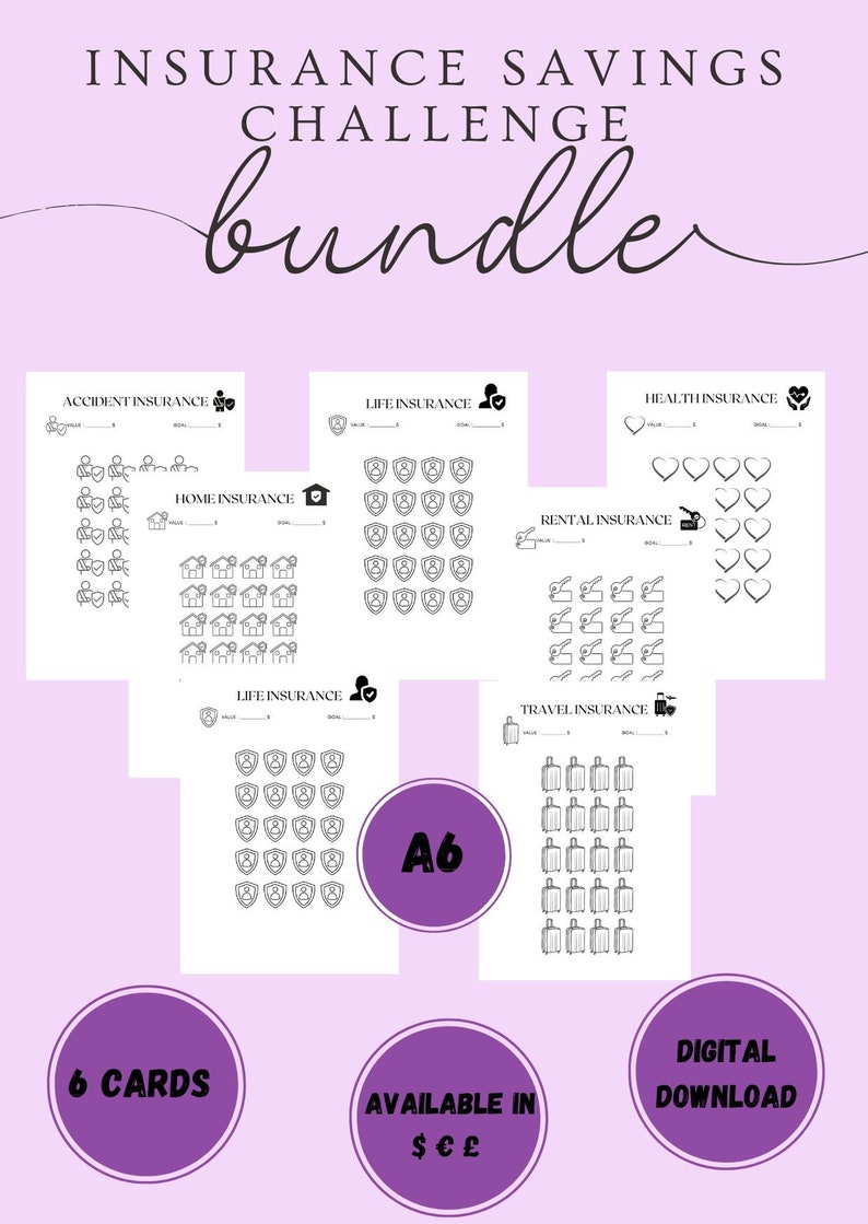 Insurance Saving Tracker Bundle, 7x12 Cards, Printable, A6, Money ...