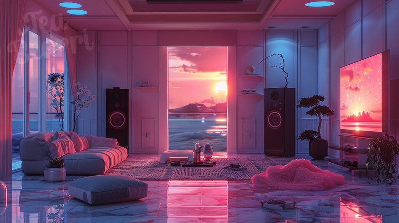 Lofi Rooms Twitch & Zoom Backgrounds of Aesthetic Synthwave Sunset ...