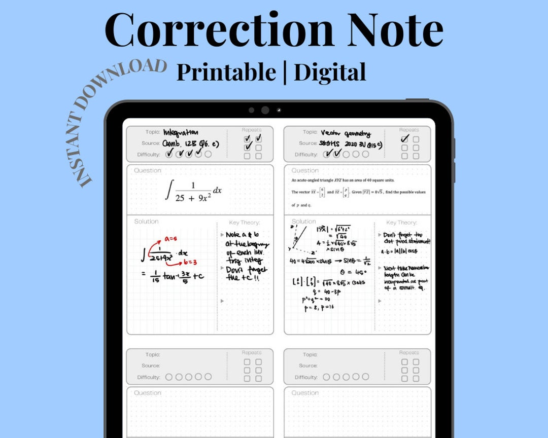 Digital Correction Note Template | Printable Correction Note | Instant ...