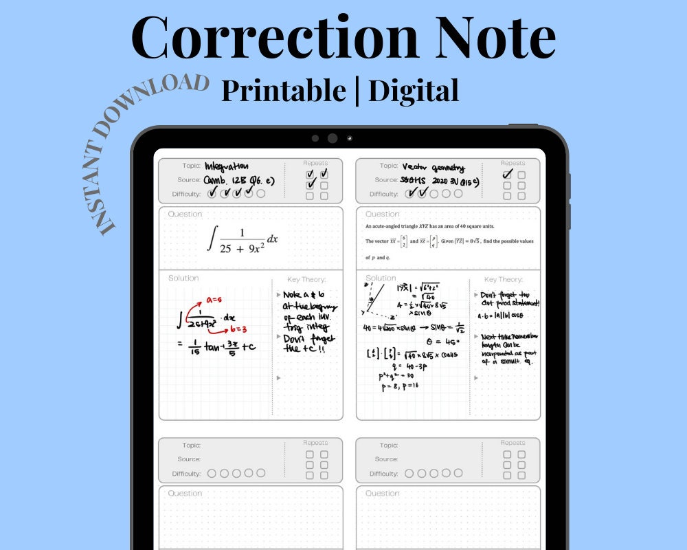 Digital Correction Note Template | Printable Correction Note | Instant ...