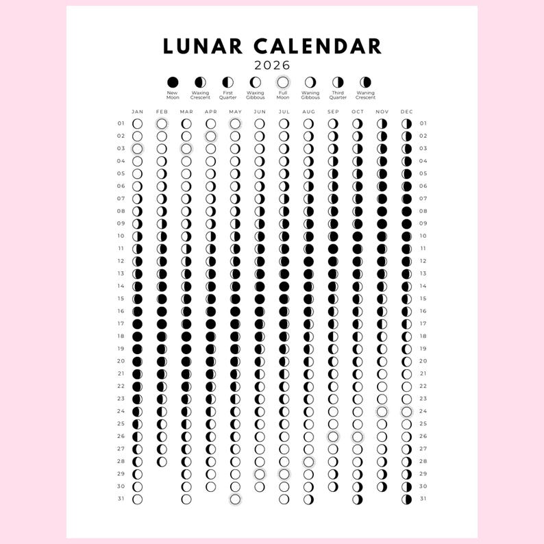 2026 Lunar Calendar - Northern Hemisphere Moon Phases Guide Printable ...