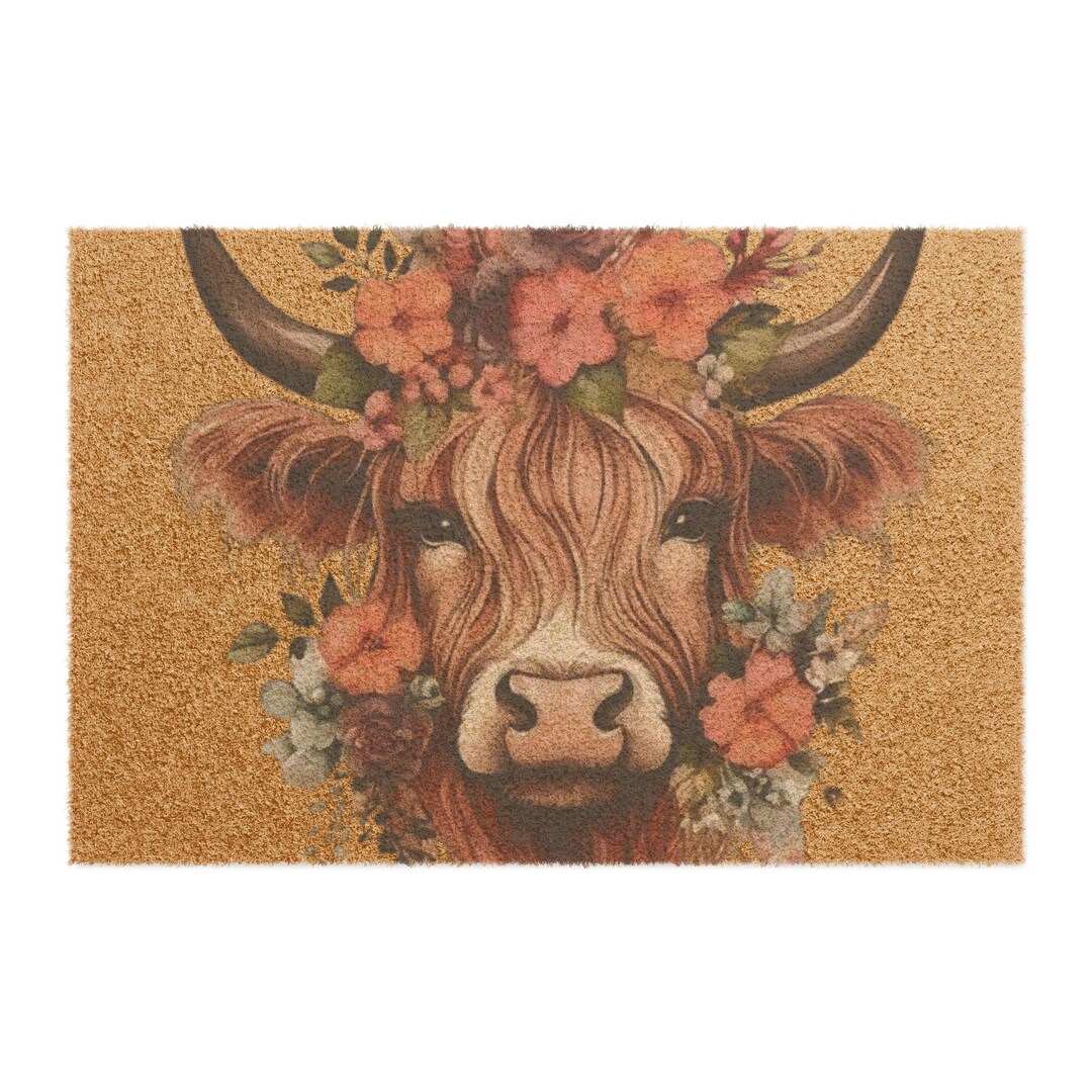 Floral Highland Cow Doormat | Rustic Cow Face Coir Welcome Mat - Etsy