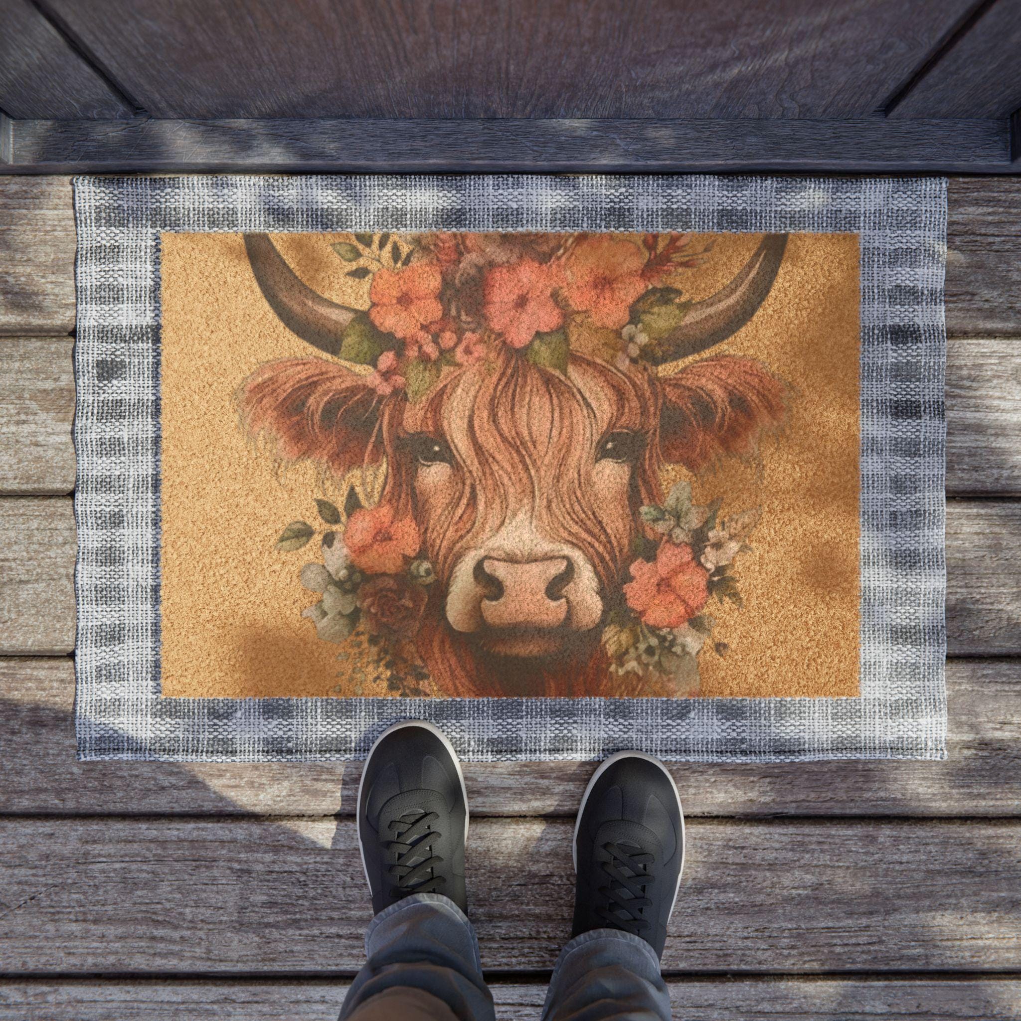 Floral Highland Cow Doormat | Rustic Cow Face Coir Welcome Mat - Etsy