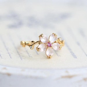 Cherry Blossom Rose Quartz Ring, Sakura Flower Ring, Pink Gemstone Ring ...