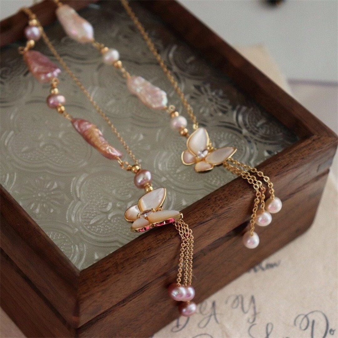 Real Baroque Pearl Butterfly Charm Necklace, Natural Baroque Pearls ...
