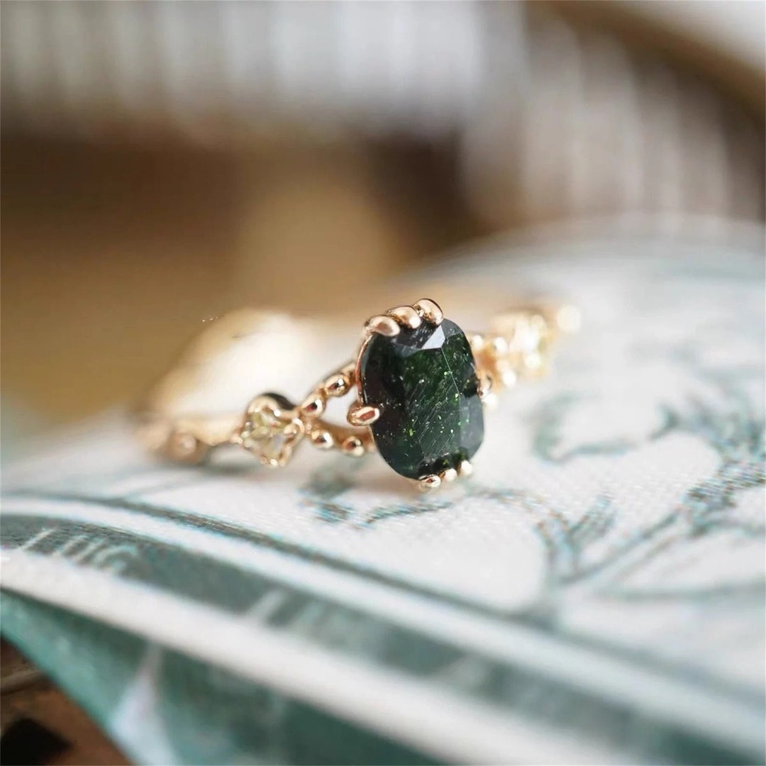 Vintage Green Agate Ring, Oval Cut Moss Green Crystal Statement Ring, Dark Green Gemstone, Gold ...