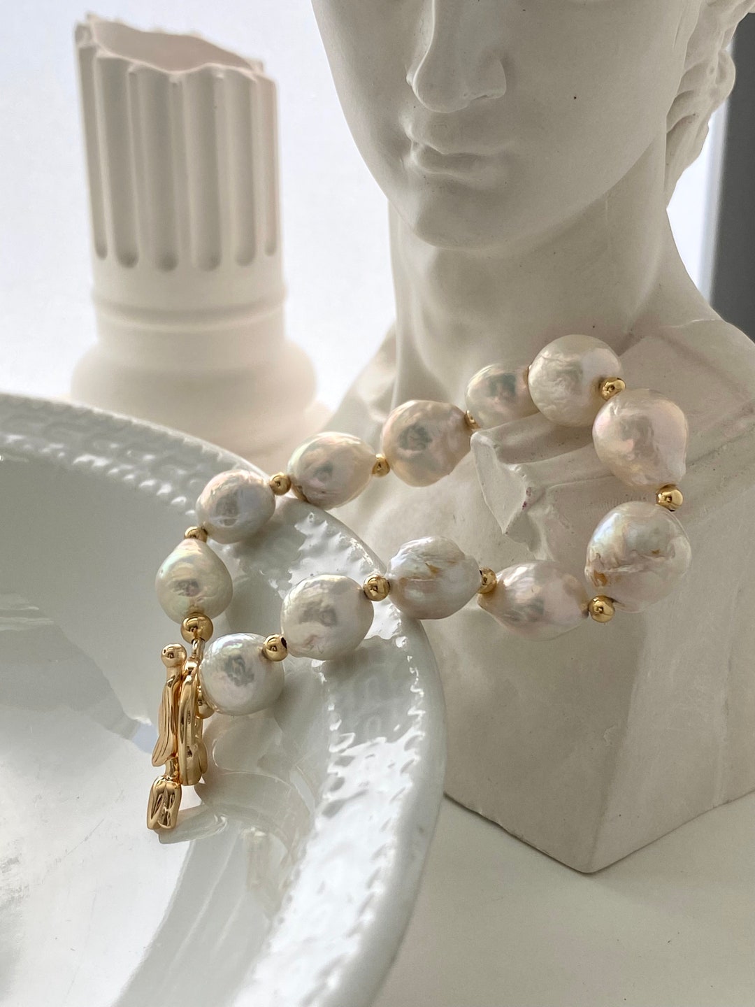 Real Baroque Pearl Bracelet, White Baroque Pearls Beaded Bracelet, Gift ...