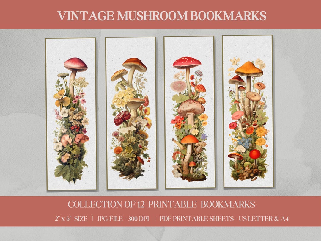 Vintage Mushroom Bookmark Printable, Mushroomcore Set of 12 Toadstools ...