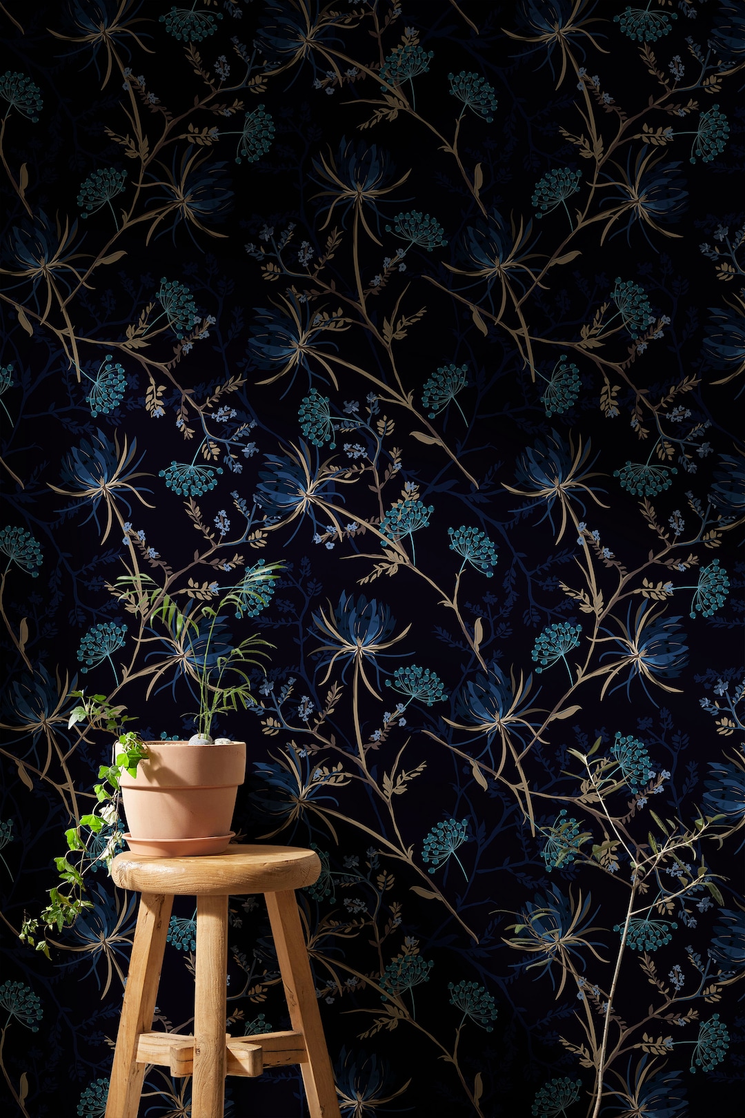 Dark Botanical Wallpaper Peel and Stick Floral Navy Blue - Etsy