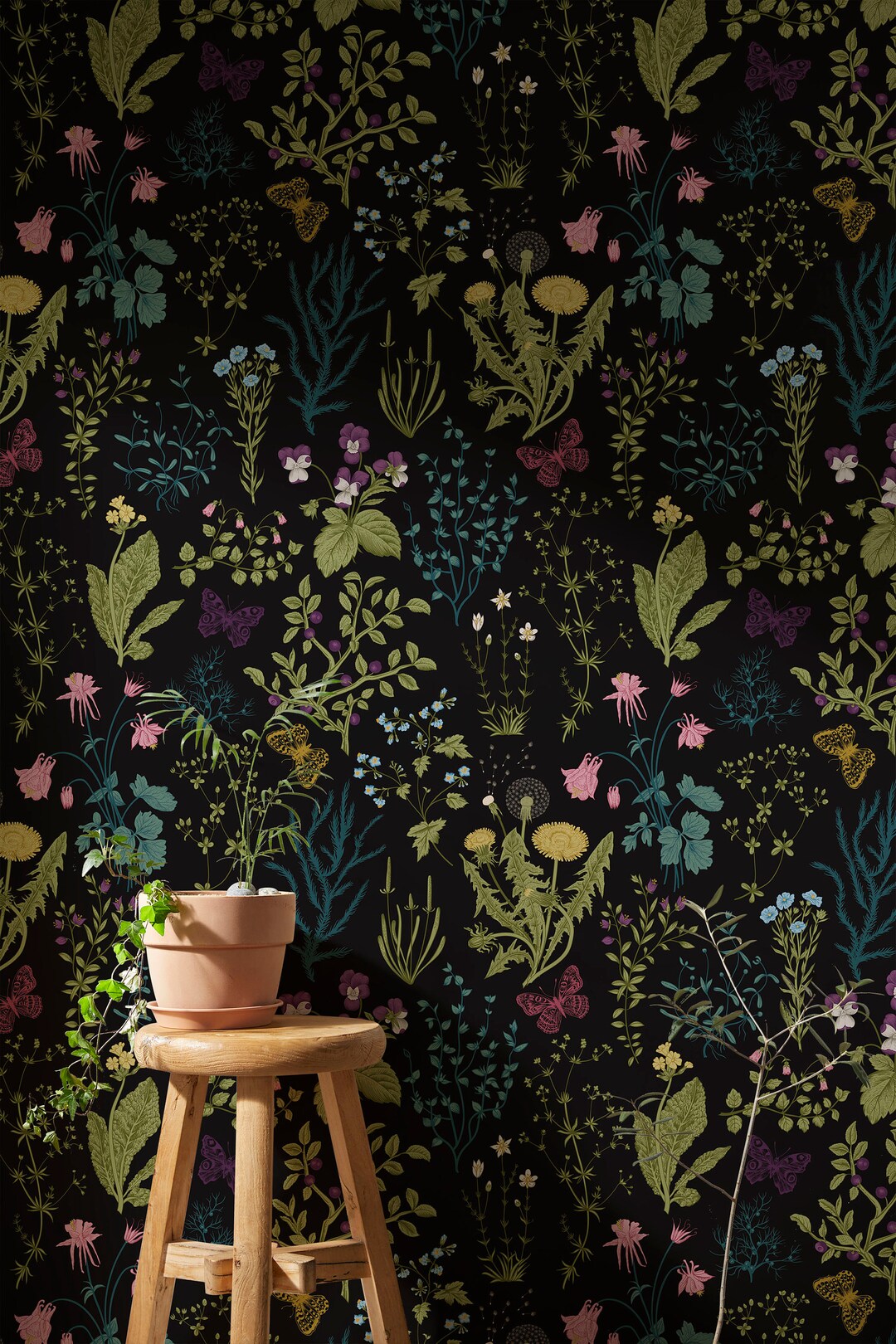 Vintage Dark Herb Wallpaper Peel and Stick | Herb Botanical Wallpaper ...