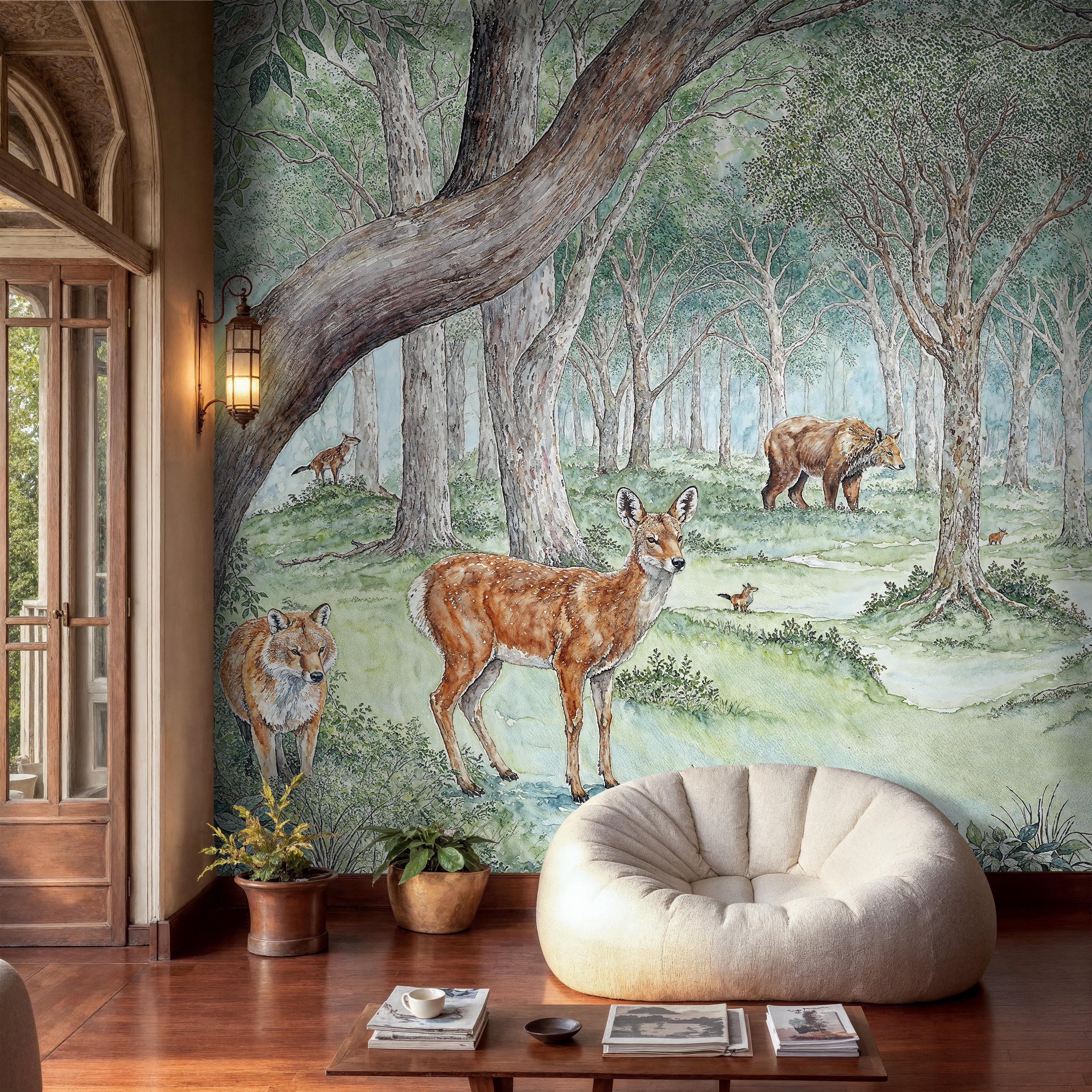 Woodland Animal Mural: Kids Forest Wallpaper With Deer, Bear, and Stag ...