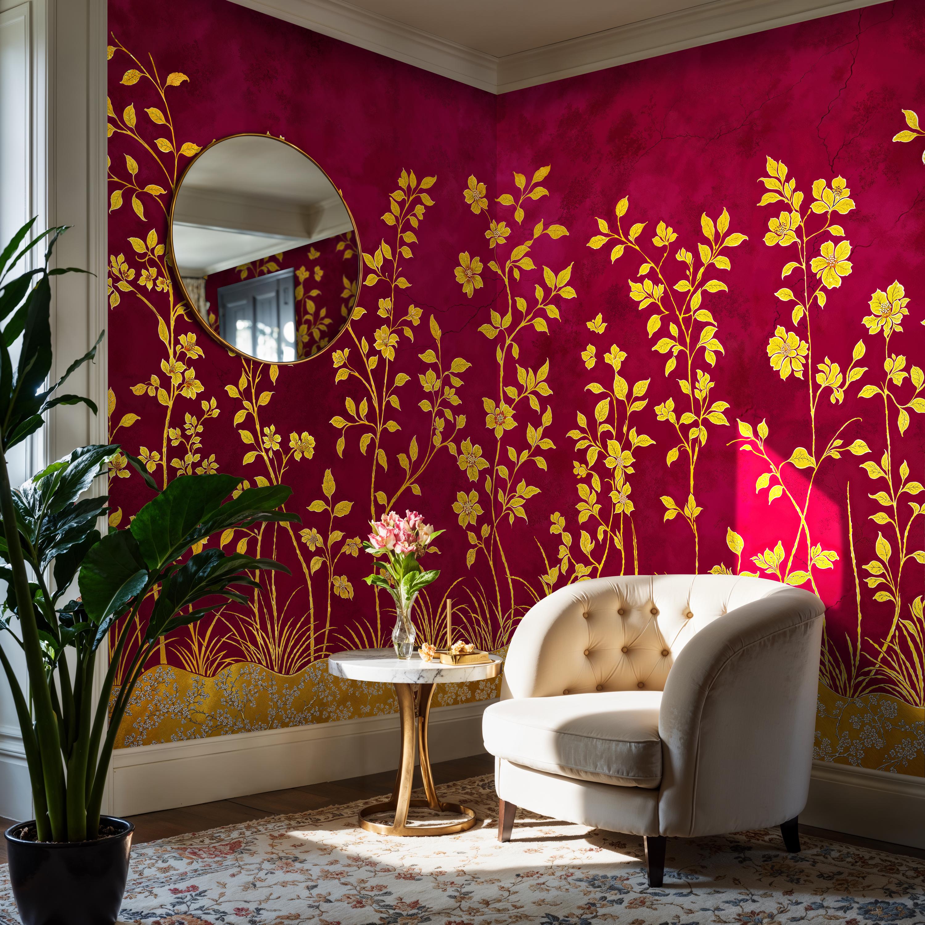 Burgundy Chinoiserie Floral Wallpaper: Gold Flowers Peel and Stick ...